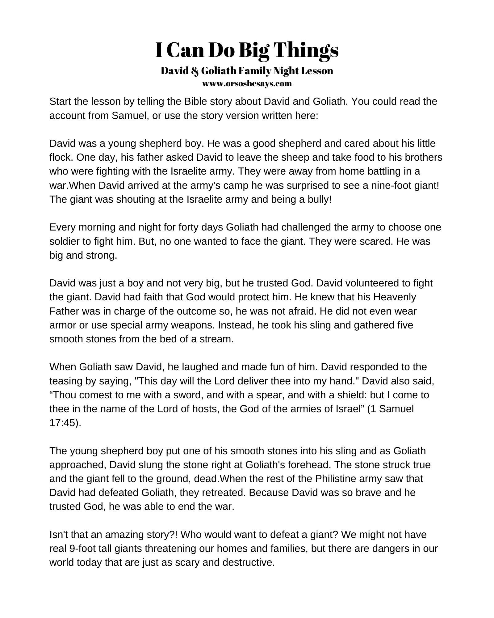 David and Goliath Lesson Ideas for Kids ~ Fun Activity Too!!