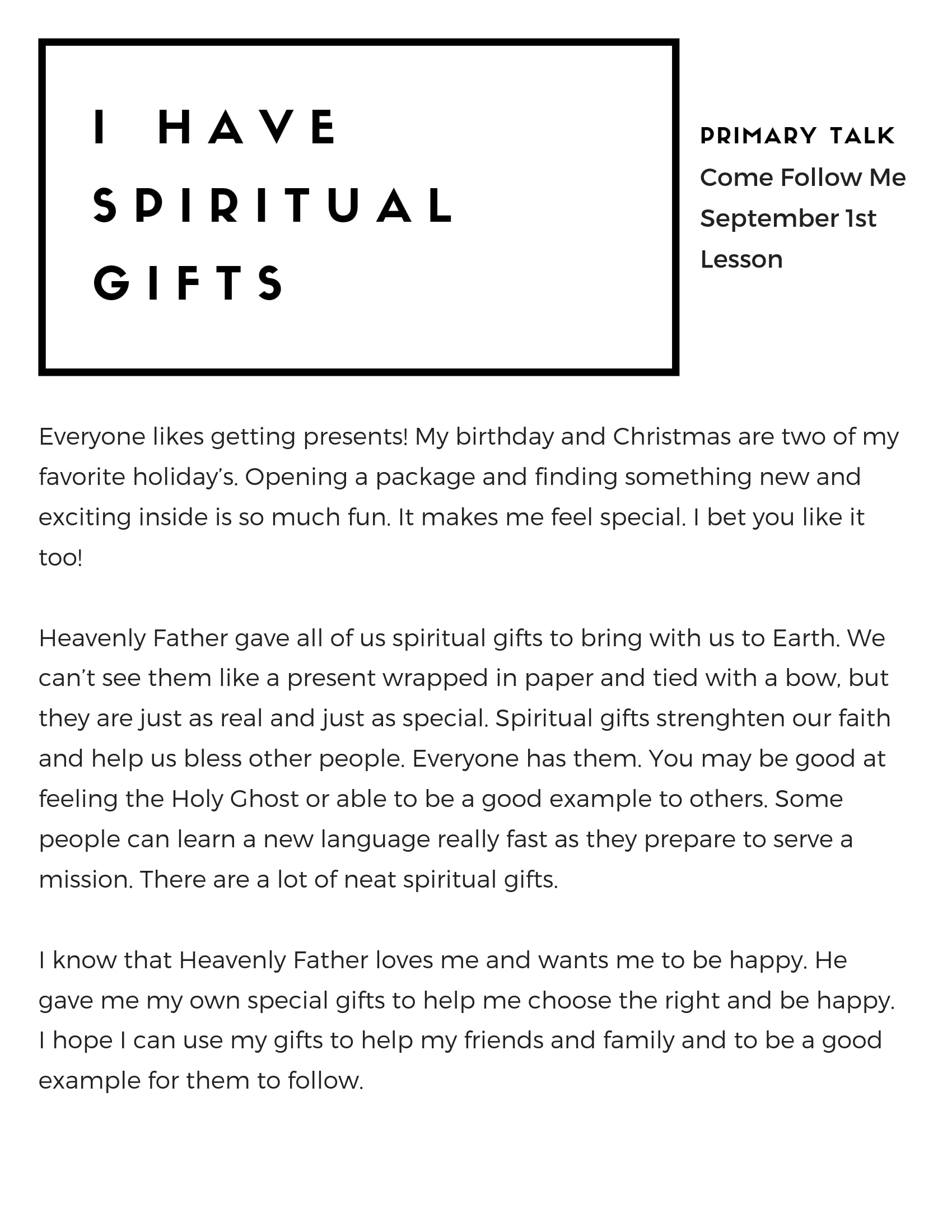 Come Follow Me 2019 Primary Talks for September - Or so she says...