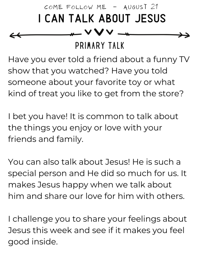 Come Follow Me ~ Easy Primary Talks for August 2022 - Or so she says...