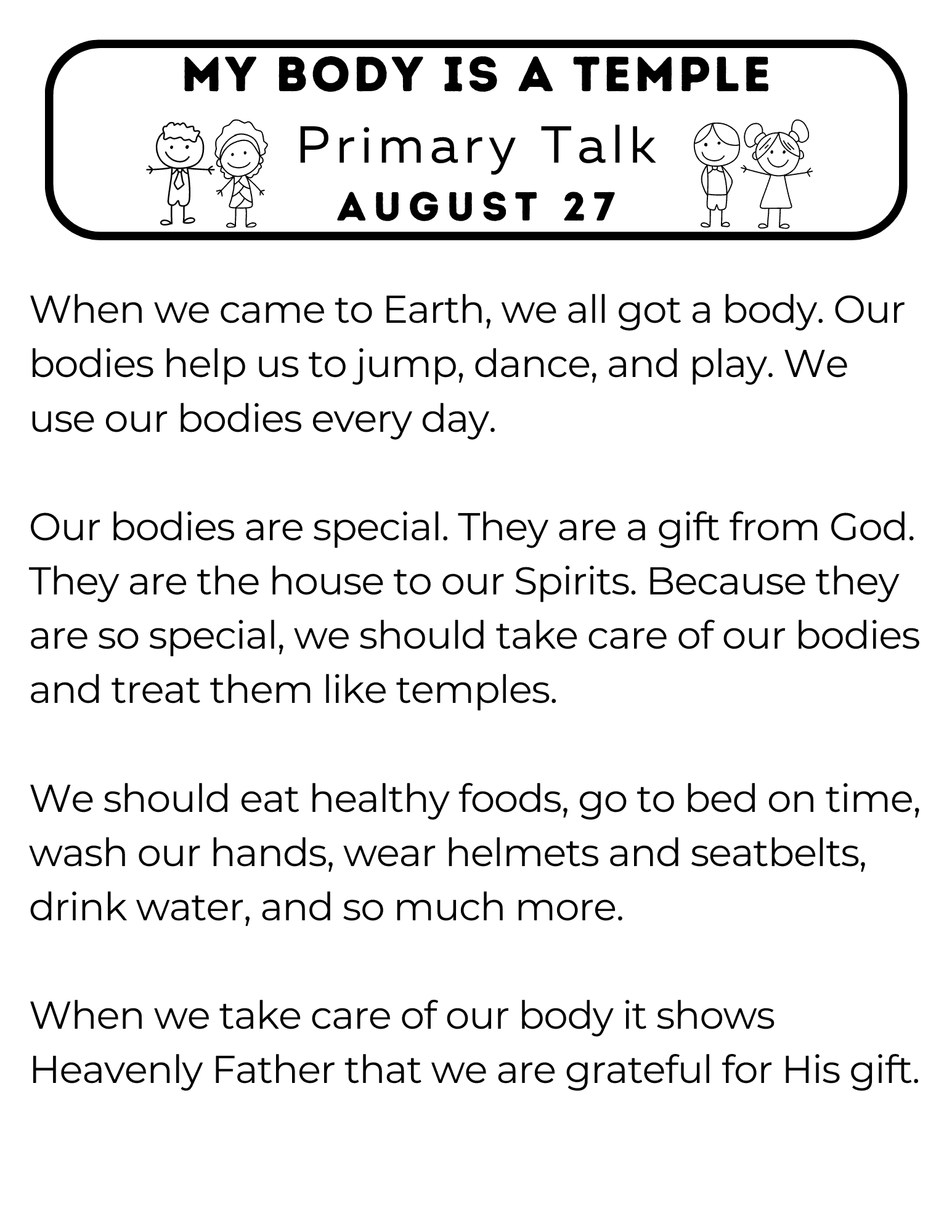 Primary Talks for Children ~ August 2023 Topics - Or so she says...