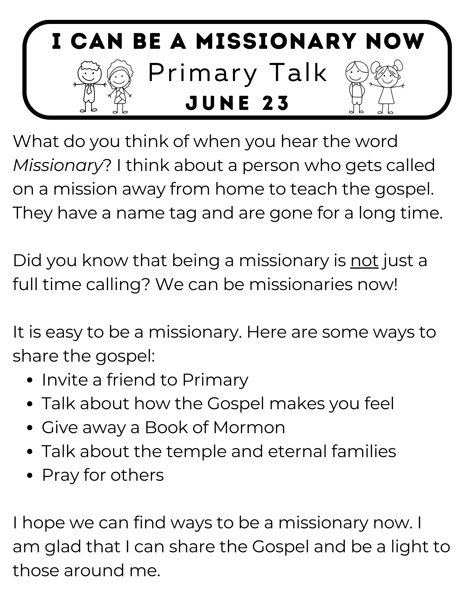 Primary Talks for Children: Come Follow Me June 2024 - Or so she says...