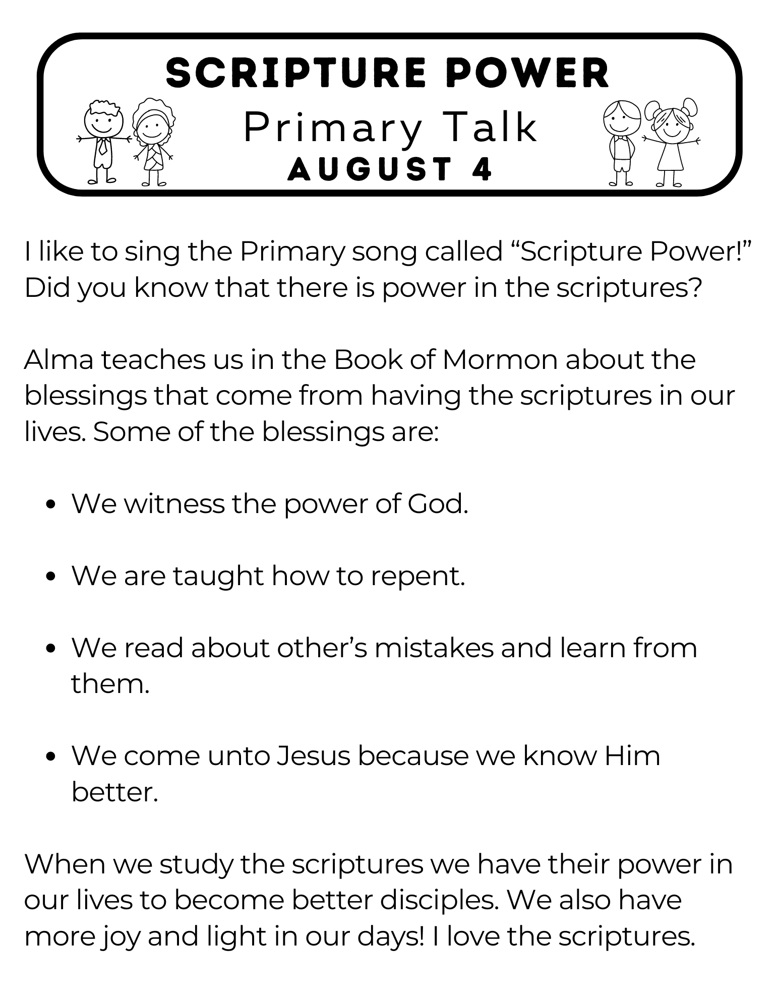 Primary Talks for Children August 2024 ~ Come Follow Me Topics - Or so ...
