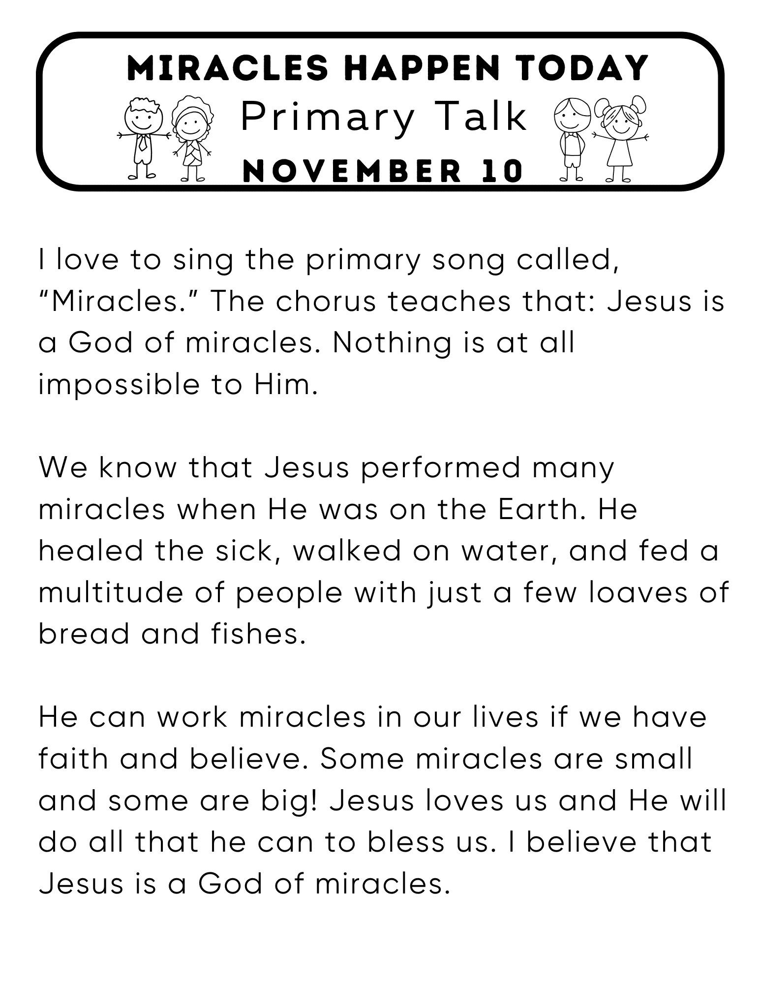 Primary Talks for Children November 2024 - Come Follow Me Topics - Or ...