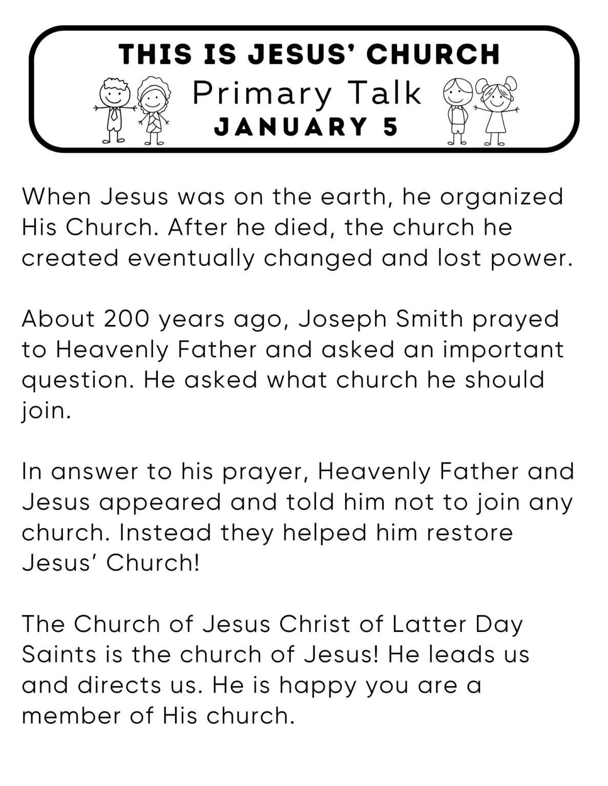 Come Follow Me Primary Talks for Children ~ January 2025 - Or so she ...