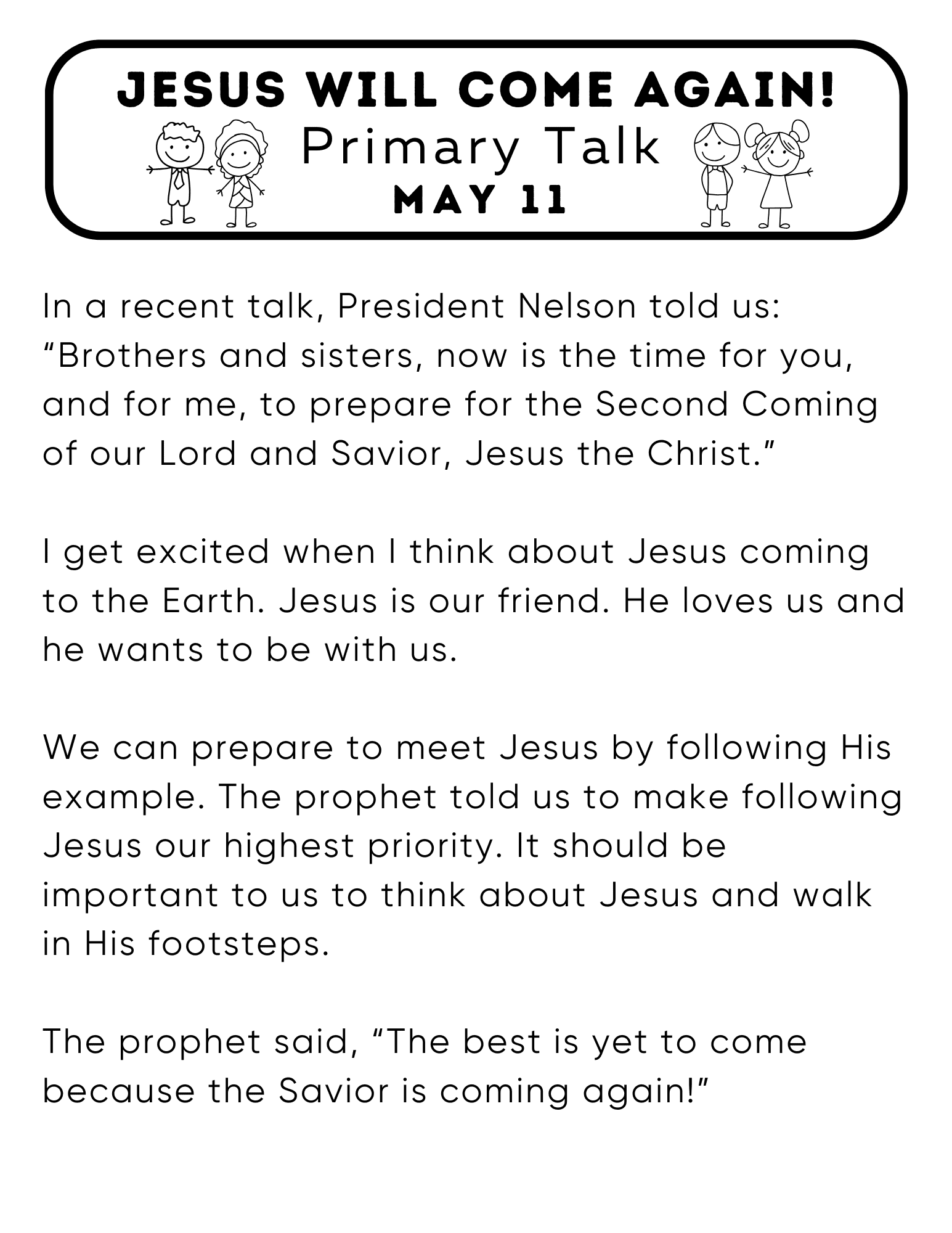 Primary Talks for Children - May 2025 Come Follow Me Topics - Or so she ...