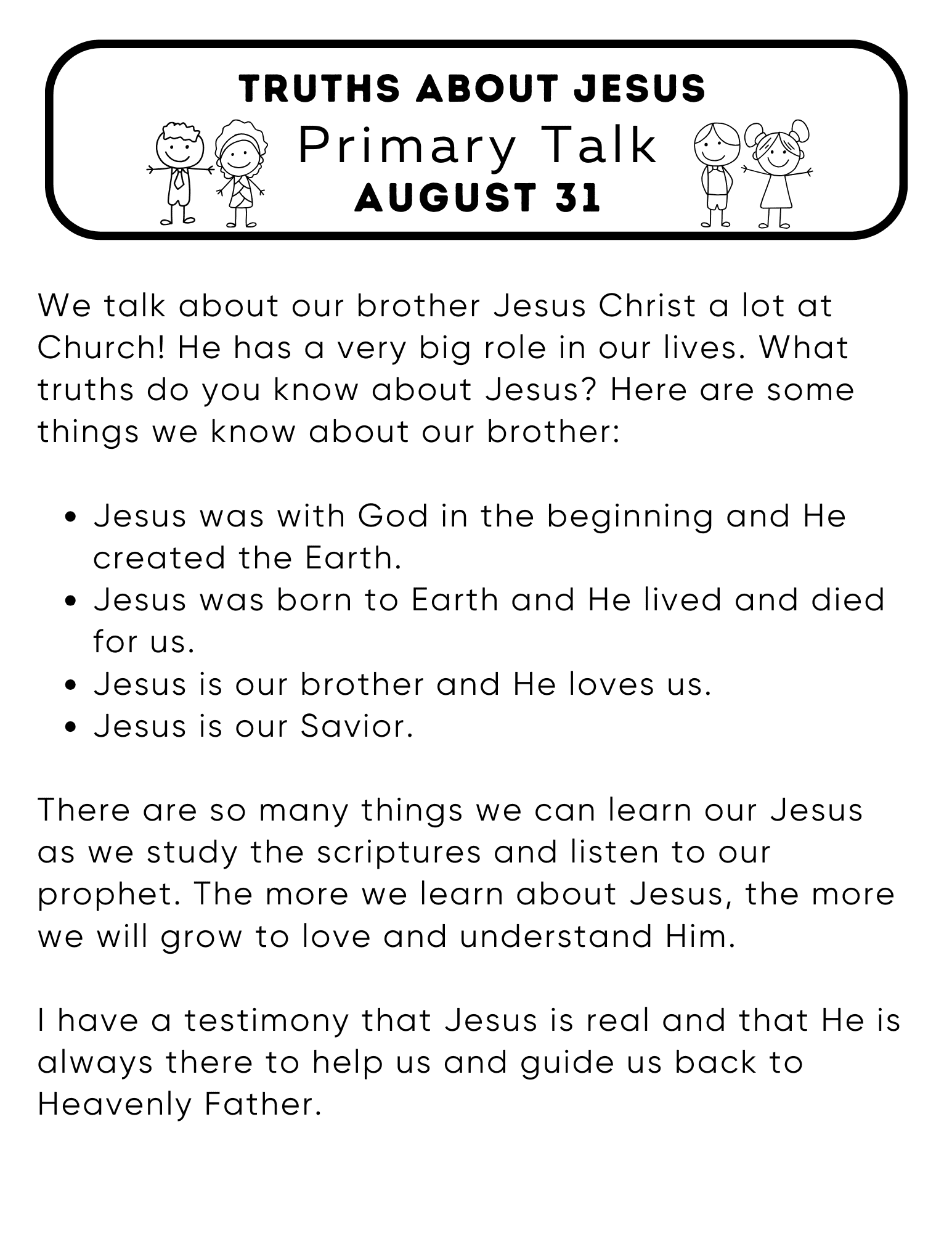 Primary Talks for Latter Day Saint Children ~ August 2025 Topics - Or ...