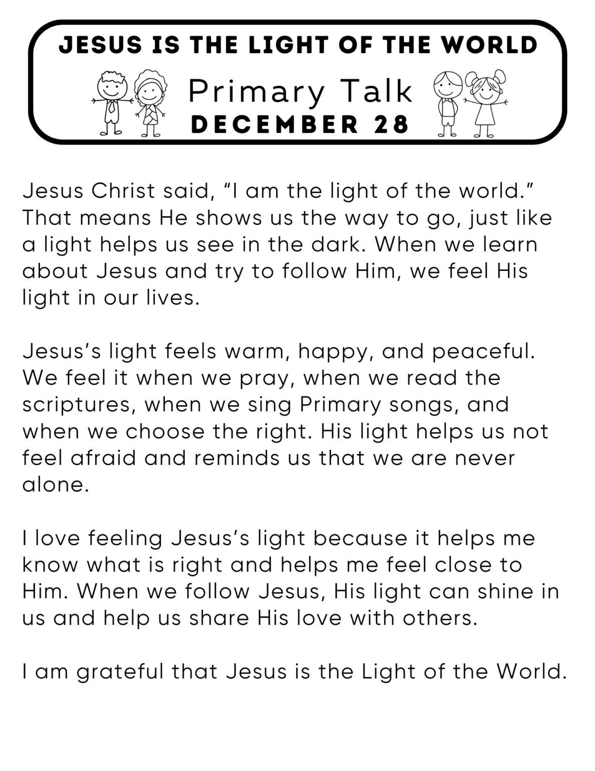Free Printable Primary Talks for Kids - December 2025 Come Follow Me ...