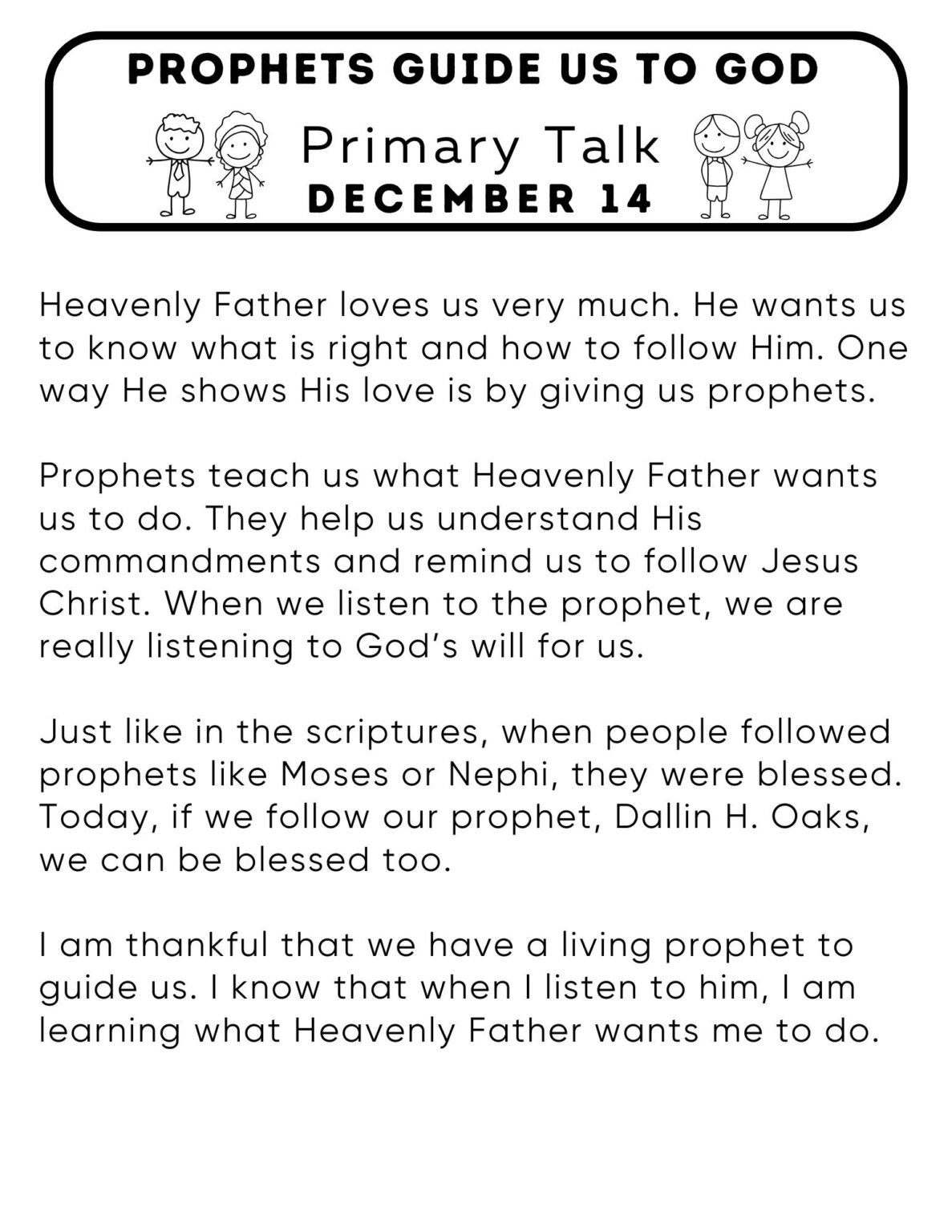 Free Printable Primary Talks for Kids - December 2025 Come Follow Me ...