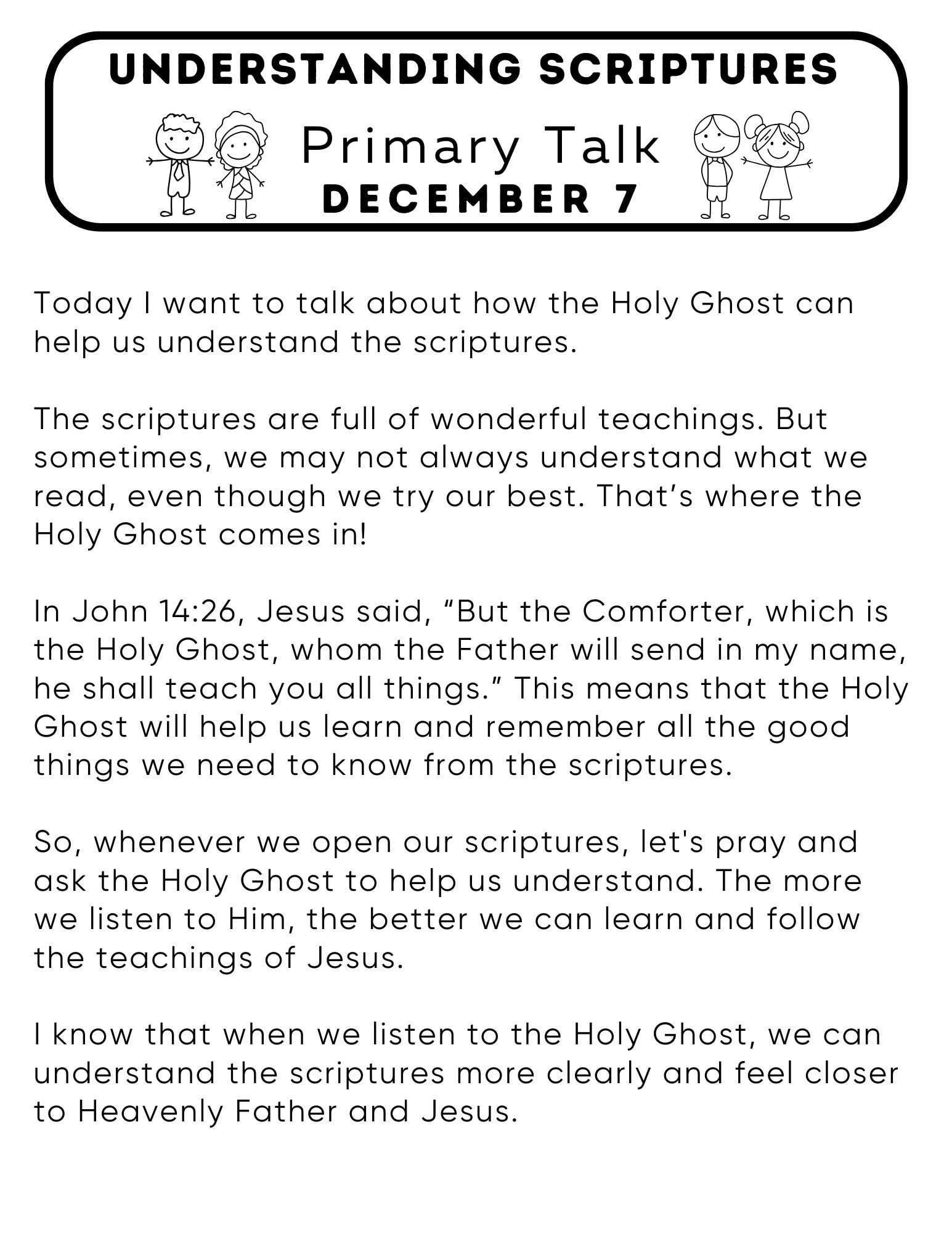 Free Printable Primary Talks for Kids - December 2025 Come Follow Me ...