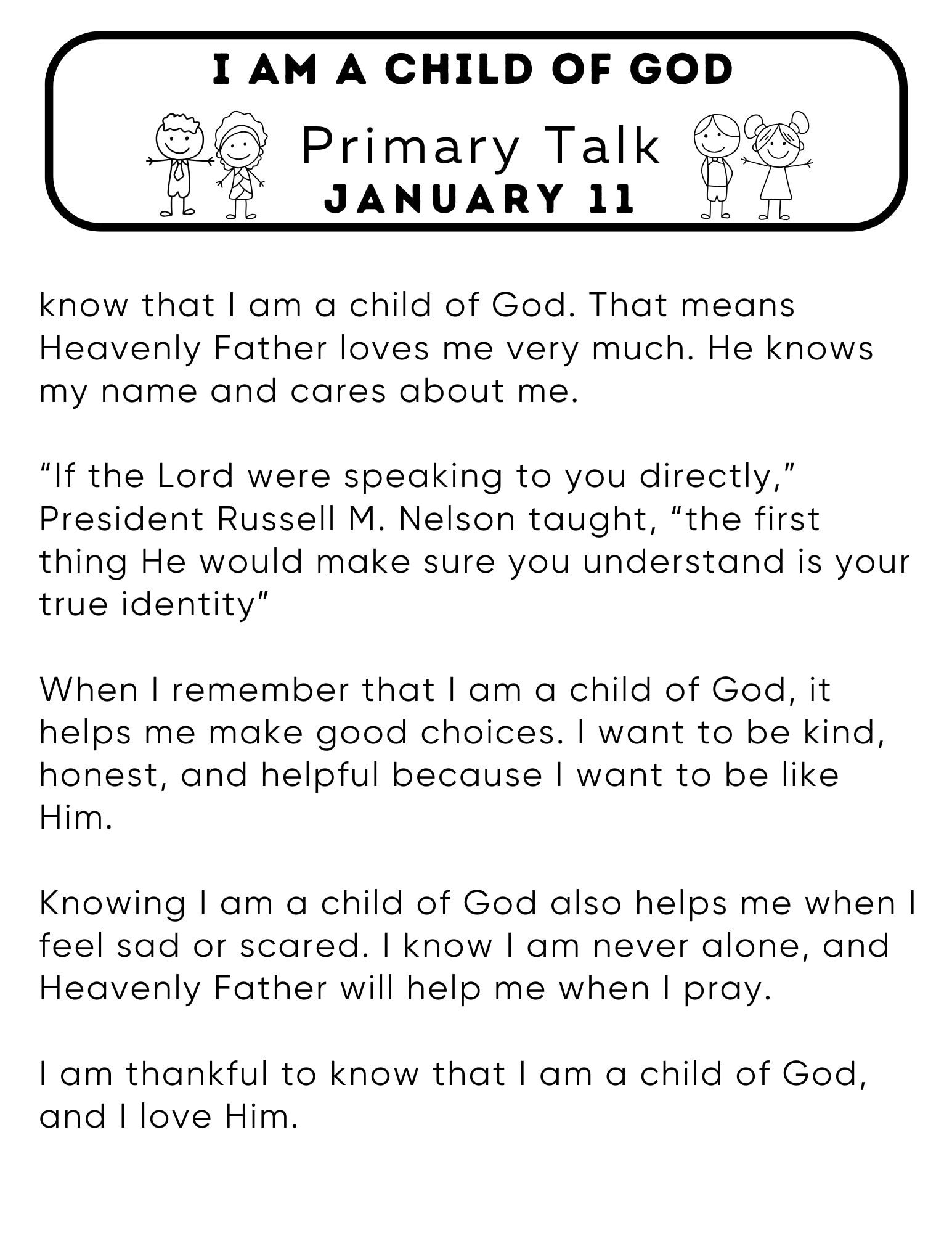 Free Printable Primary Talks for Kids - January 2026 Come Follow Me ...