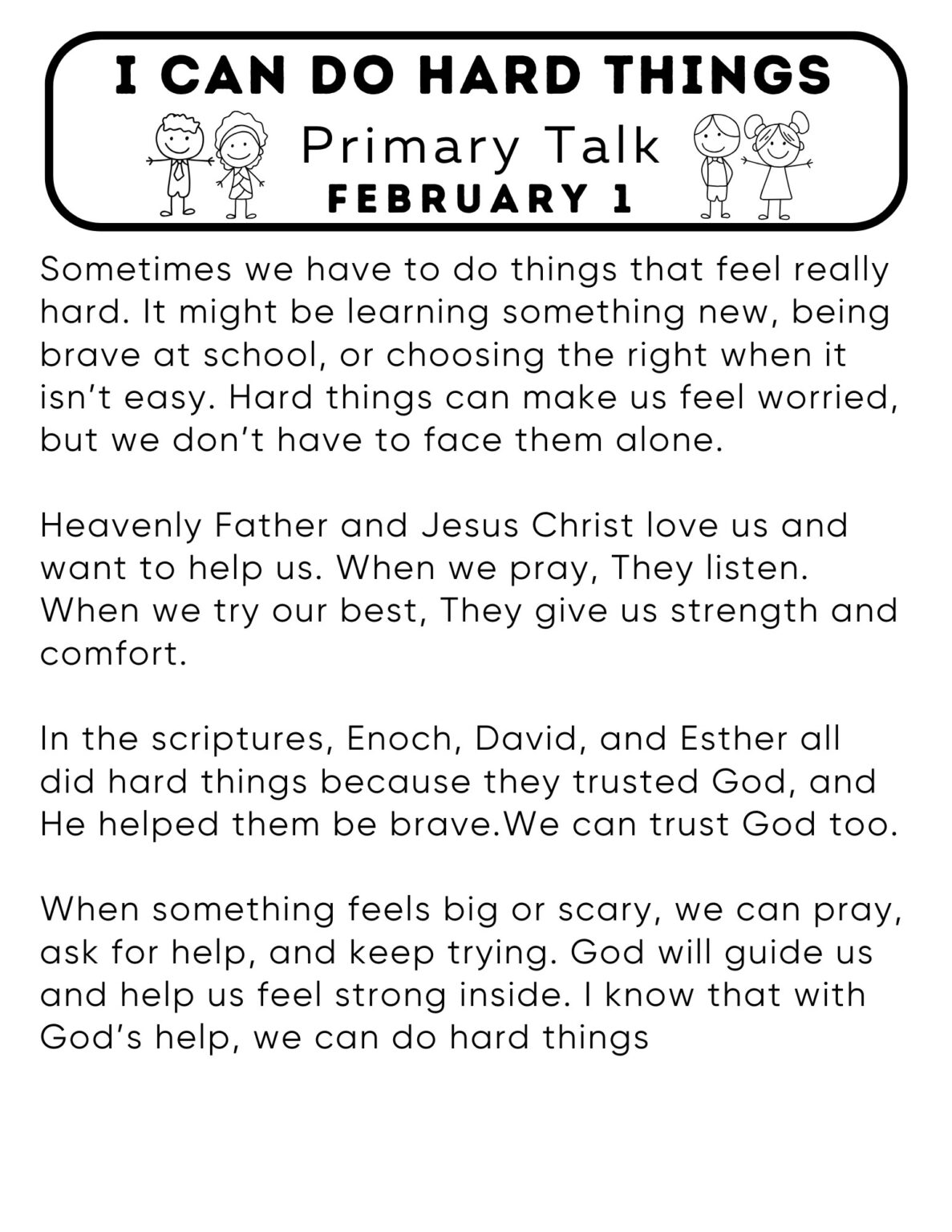 Free Printable Primary Talks for Kids - February 2026 Come Follow Me ...