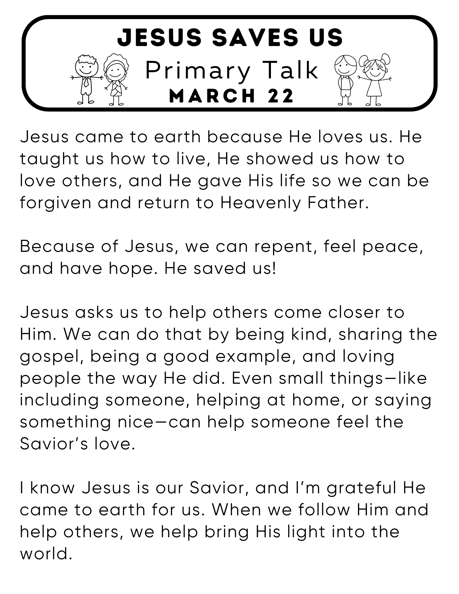 Free Printable Primary Talks for Kids - March 2026 Come Follow Me ...